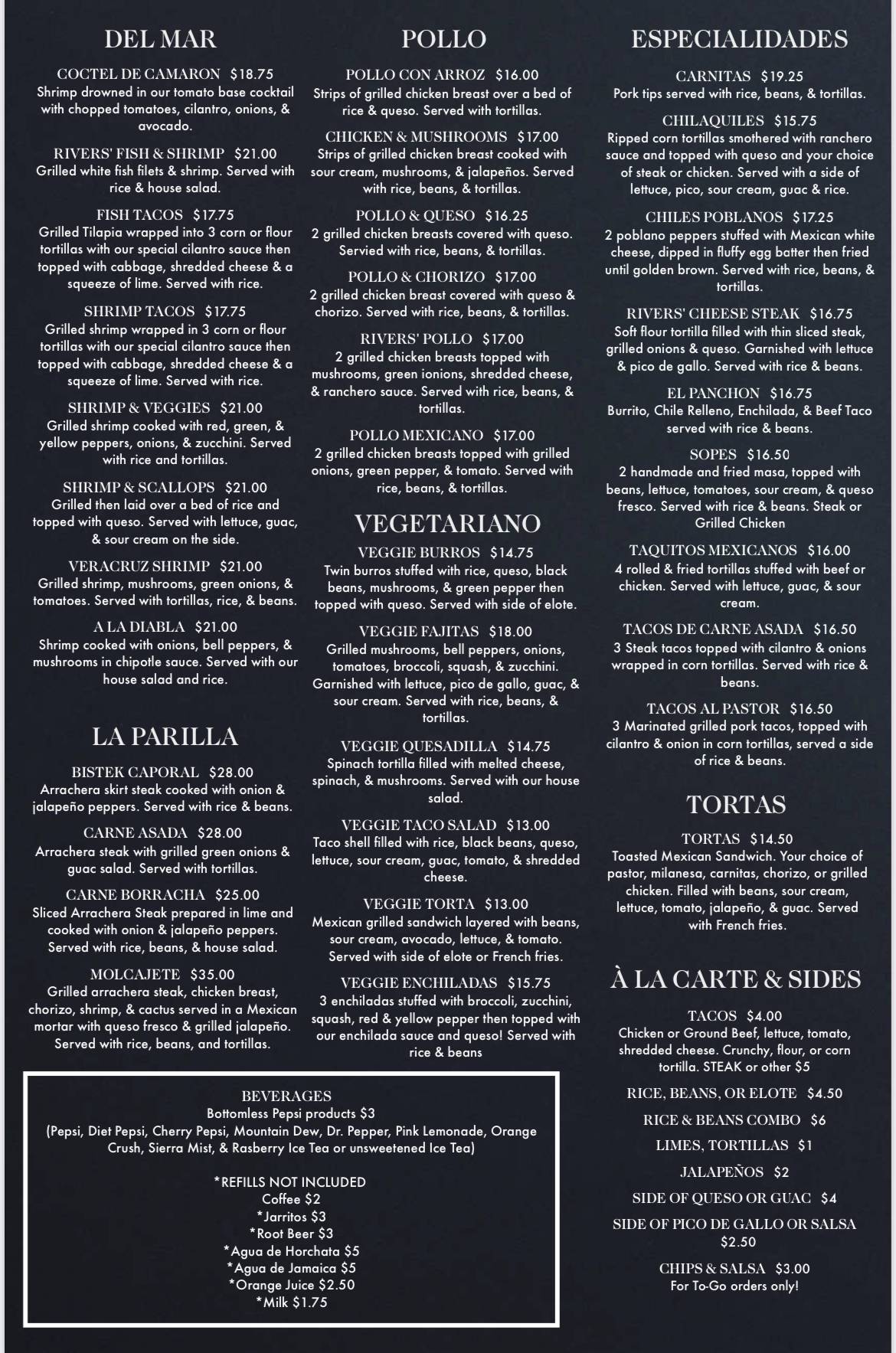Menu at Rivers’ Mexican Cantina & Grill restaurant, Genoa