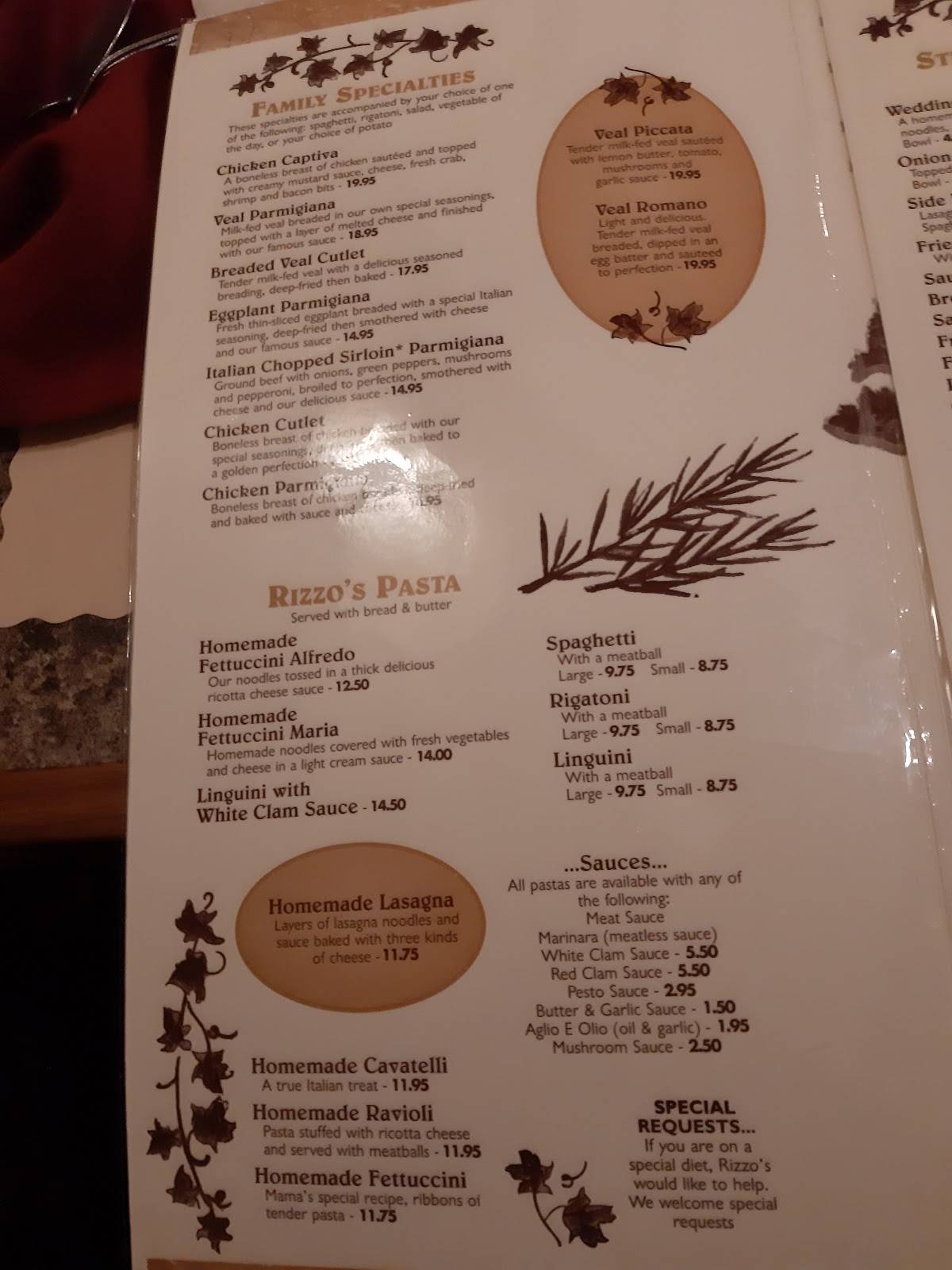 Menu at Rizzo's of Windber restaurant, Windber