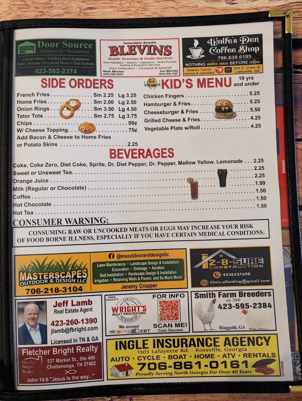 Menu at Wanda's Restaurant, Rock Spring