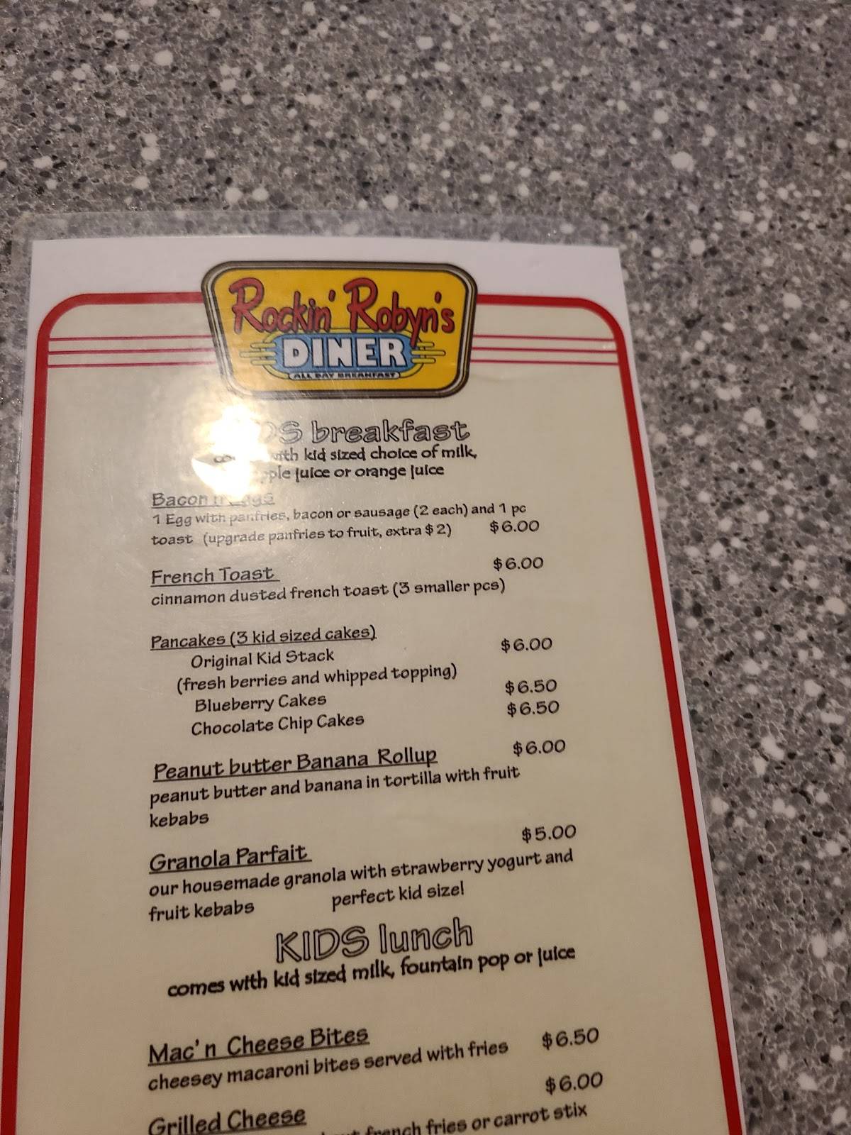 Menu at Rockin' Robyn's restaurant, Edmonton