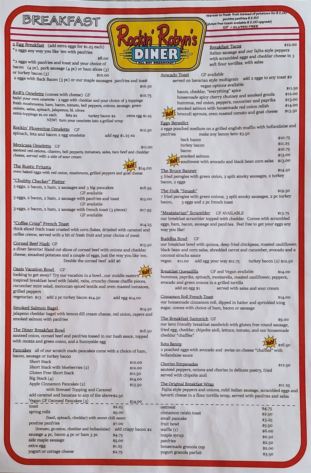 Menu at Rockin' Robyn's restaurant, Edmonton