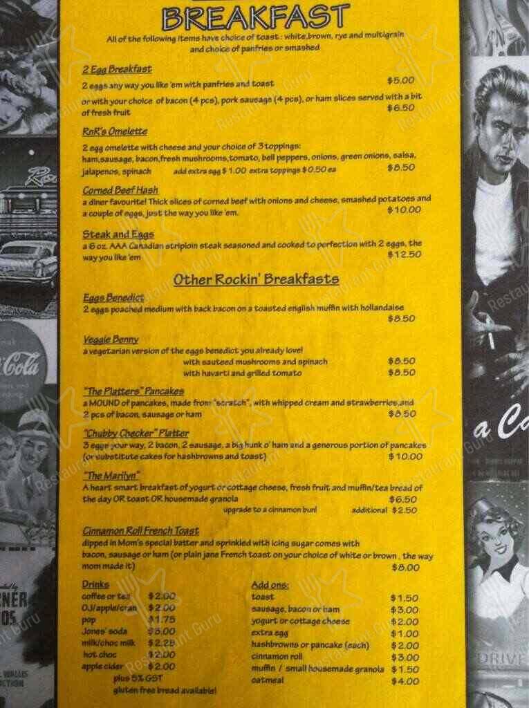 Menu at Rockin' Robyn's restaurant, Edmonton