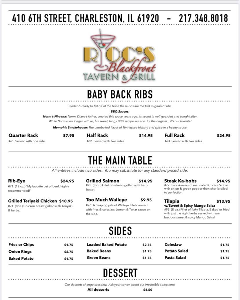 Menu at Roc's Blackfront Tavern & Grill pub & bar, Charleston