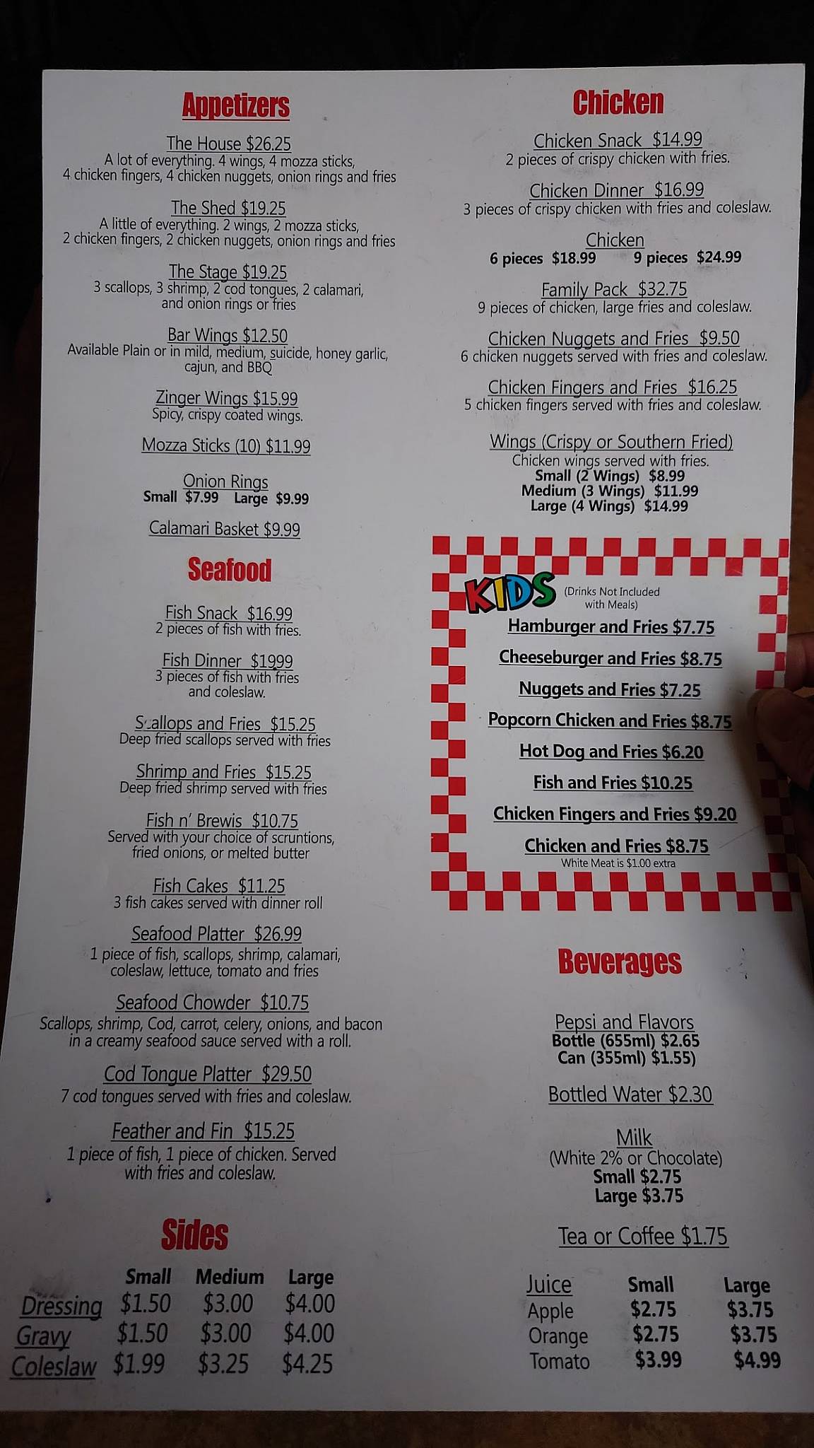 Menu at Rod's Restaurant, Clarenville