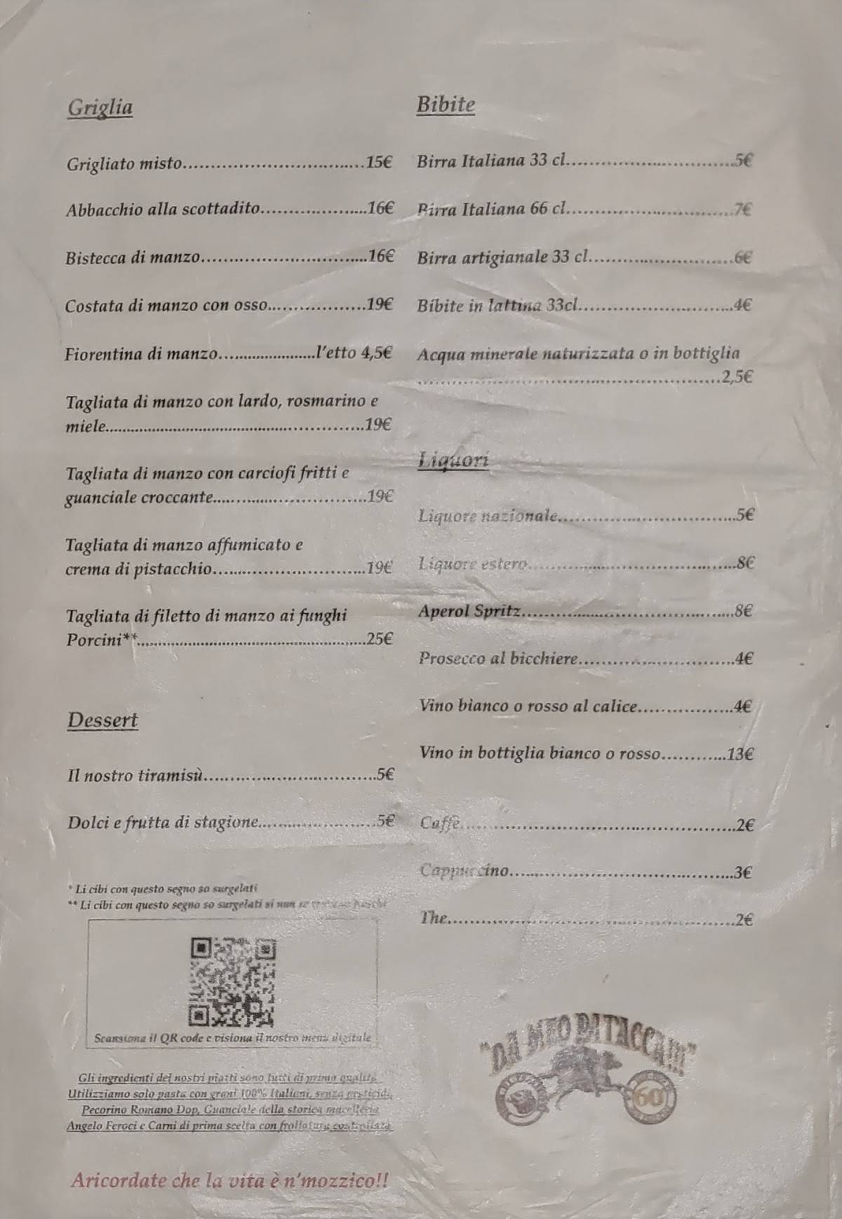 Menu at Ristorante Da Meo Patacca, Rome