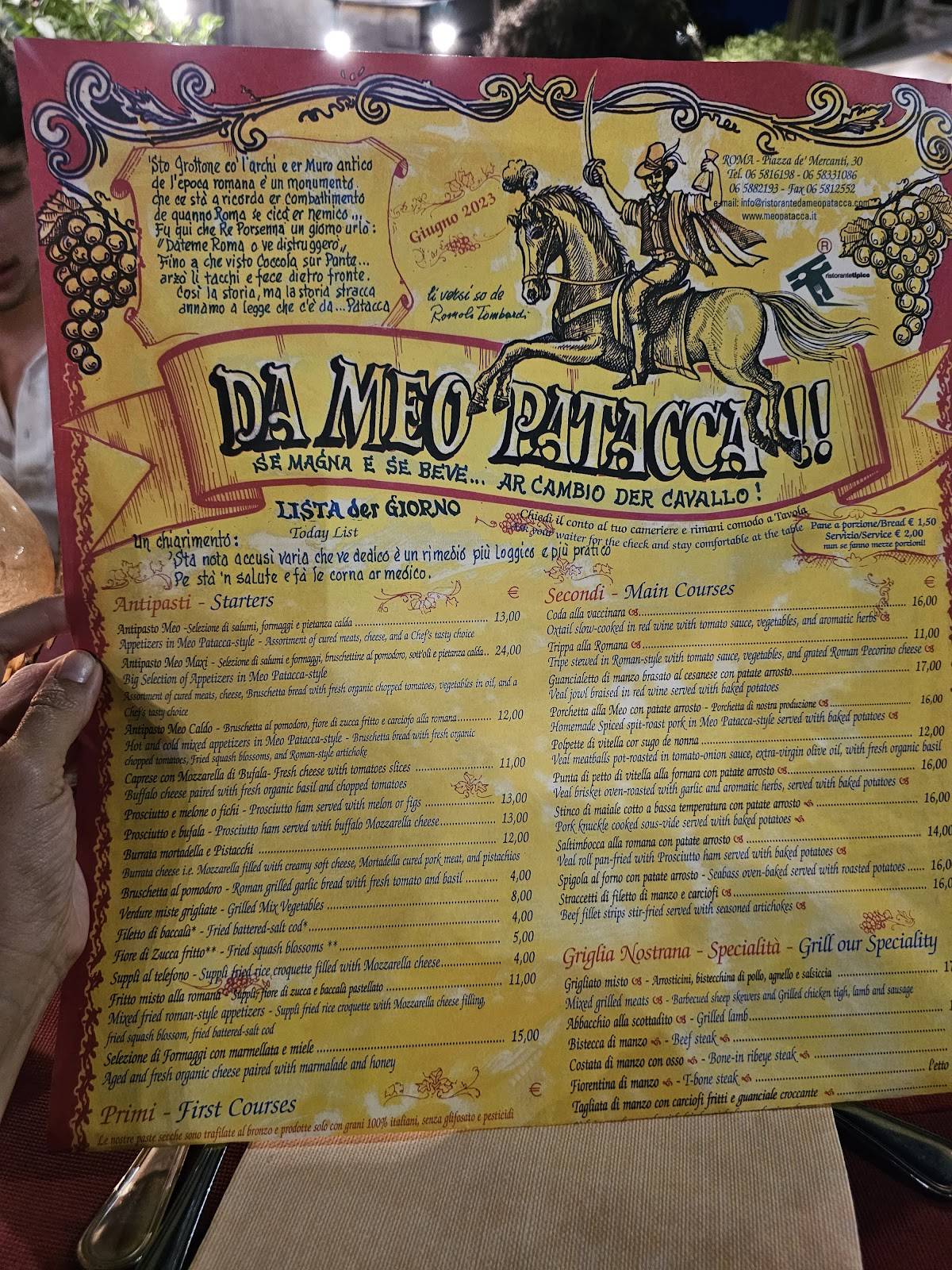 Menu at Ristorante Da Meo Patacca, Rome