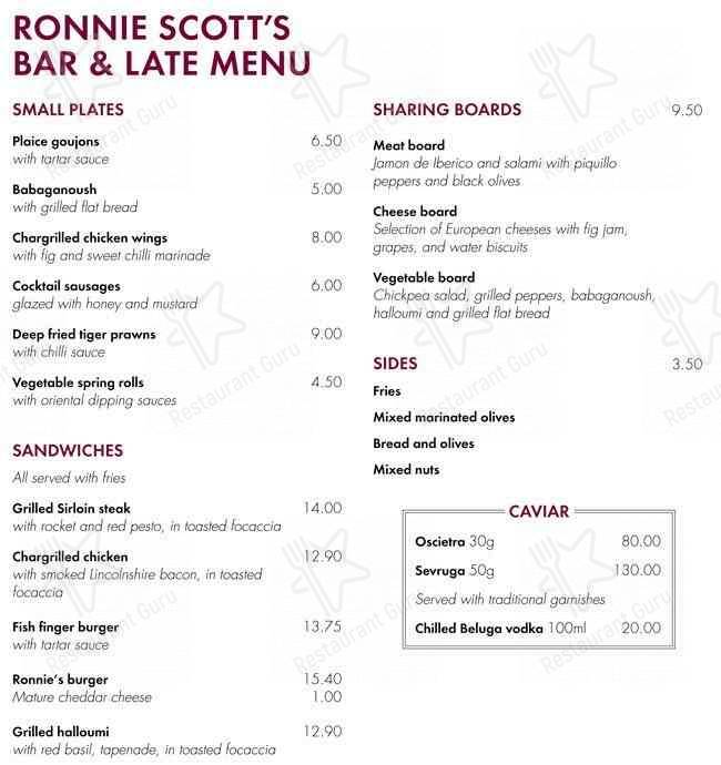 Menu at Ronnie Scott's pub & bar, London