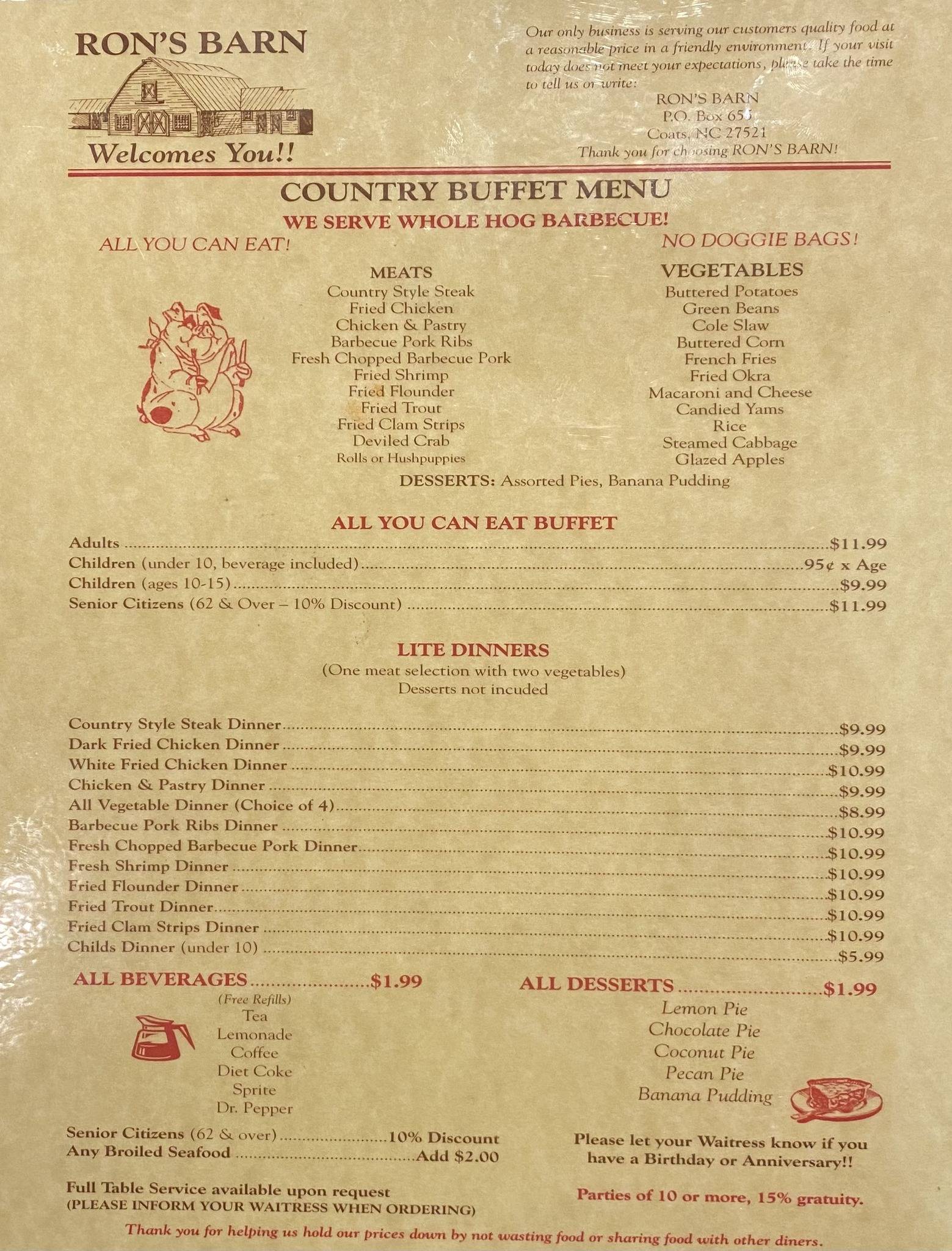 Menu at Ron's Barn Barbecue & Seafood, Sanford