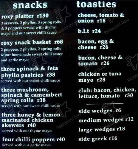 Menu at Roxy's pub & bar, Cape Town