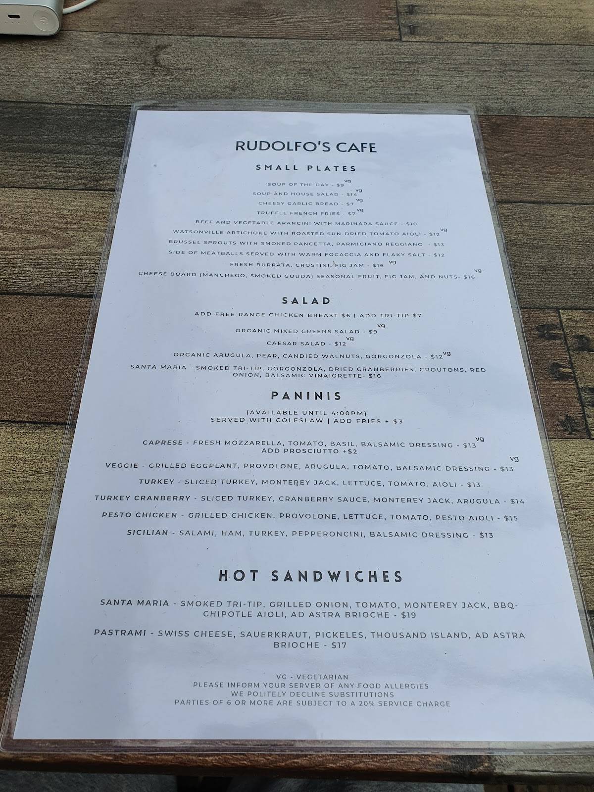 Menu at Rudolfo's Café pizzeria, Pacific Grove