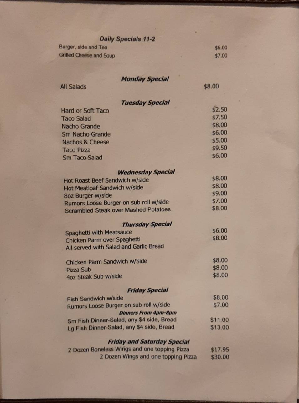 Menu at Rumors Tavern pub & bar, Punxsutawney