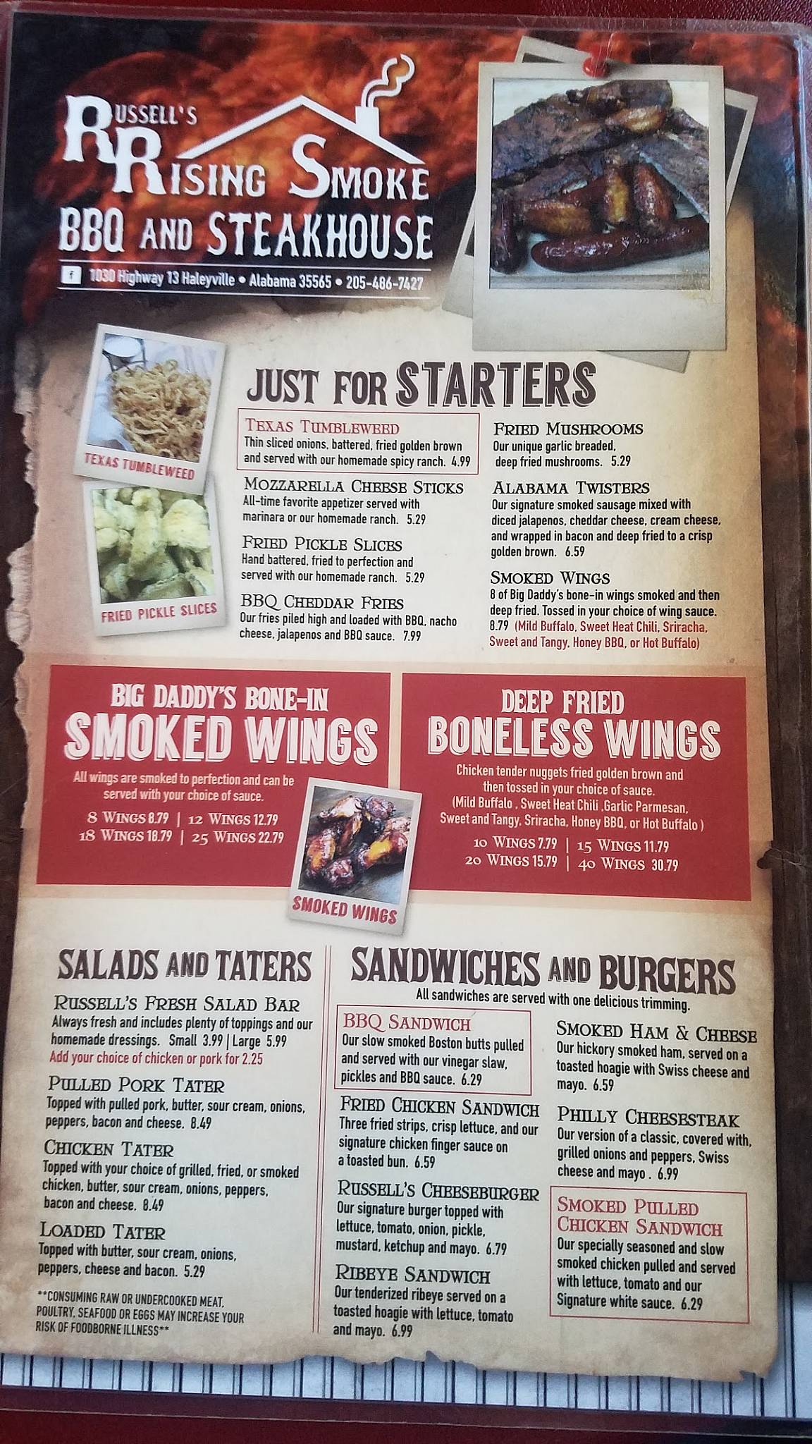 Menu at Russell's Rising Smoke restaurant, Haleyville