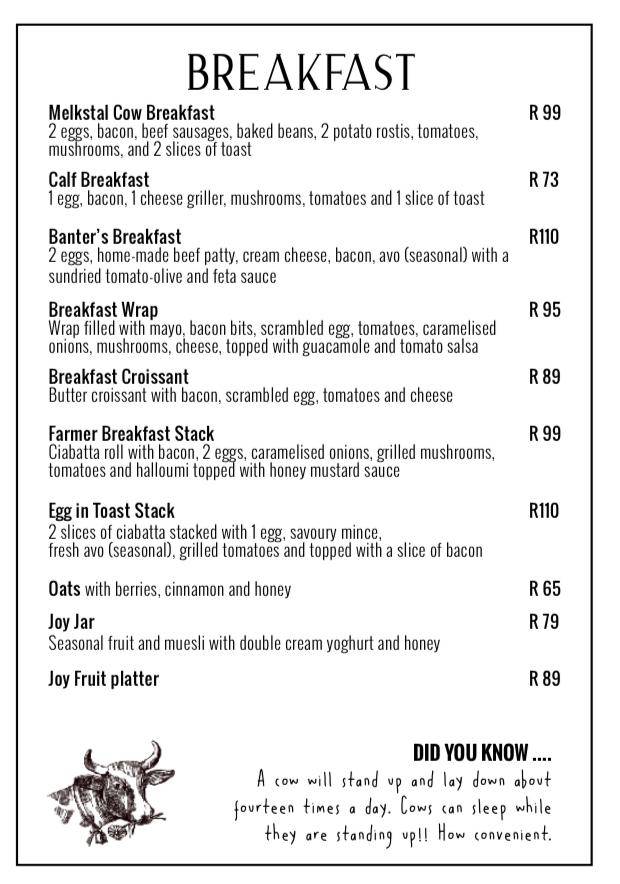Menu at Die Melkstal cafe, Rustenburg, 188 Kock St