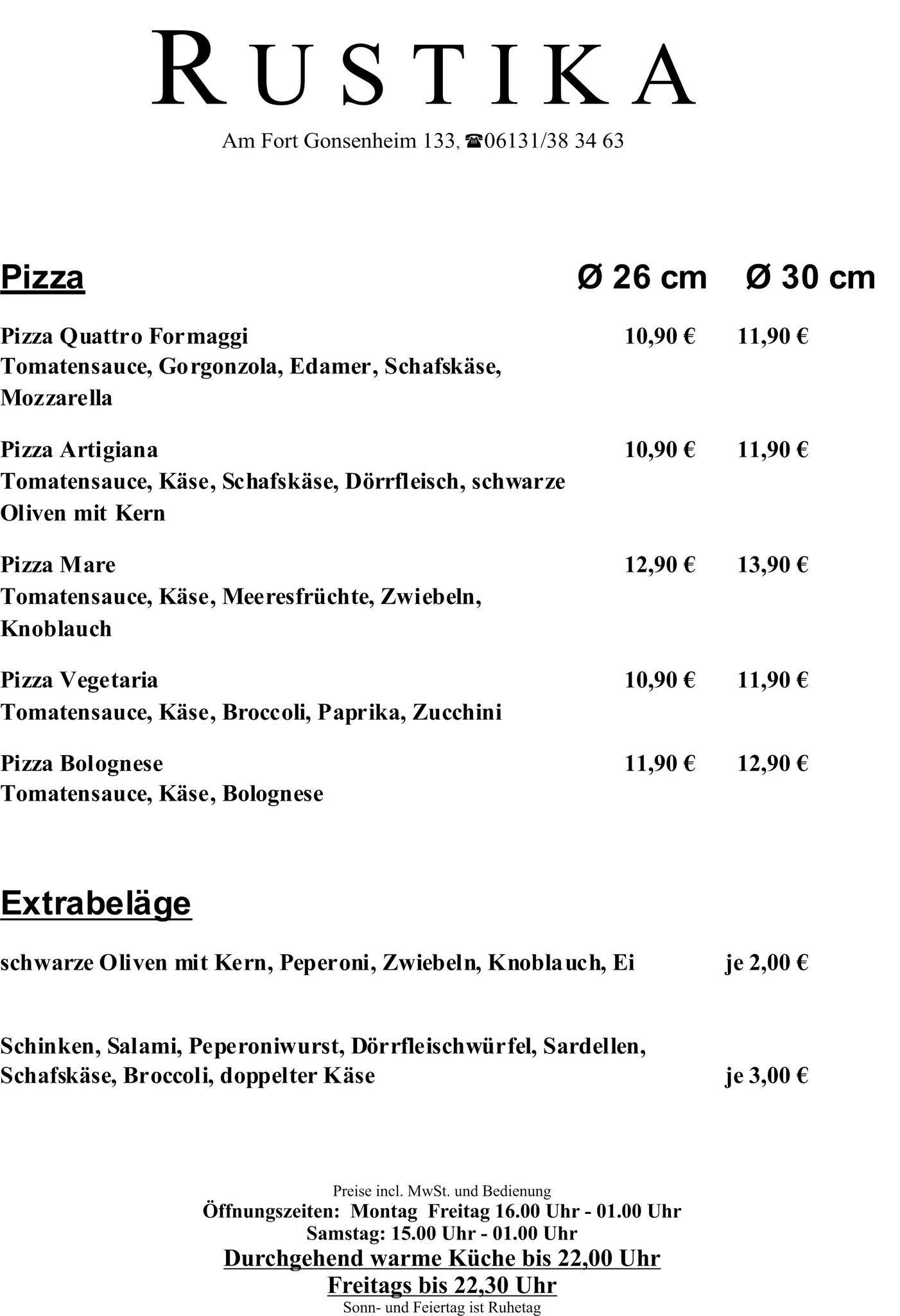 Speisekarte von Rustika restaurant, Mainz, Am Fort Gonsenheim 133
