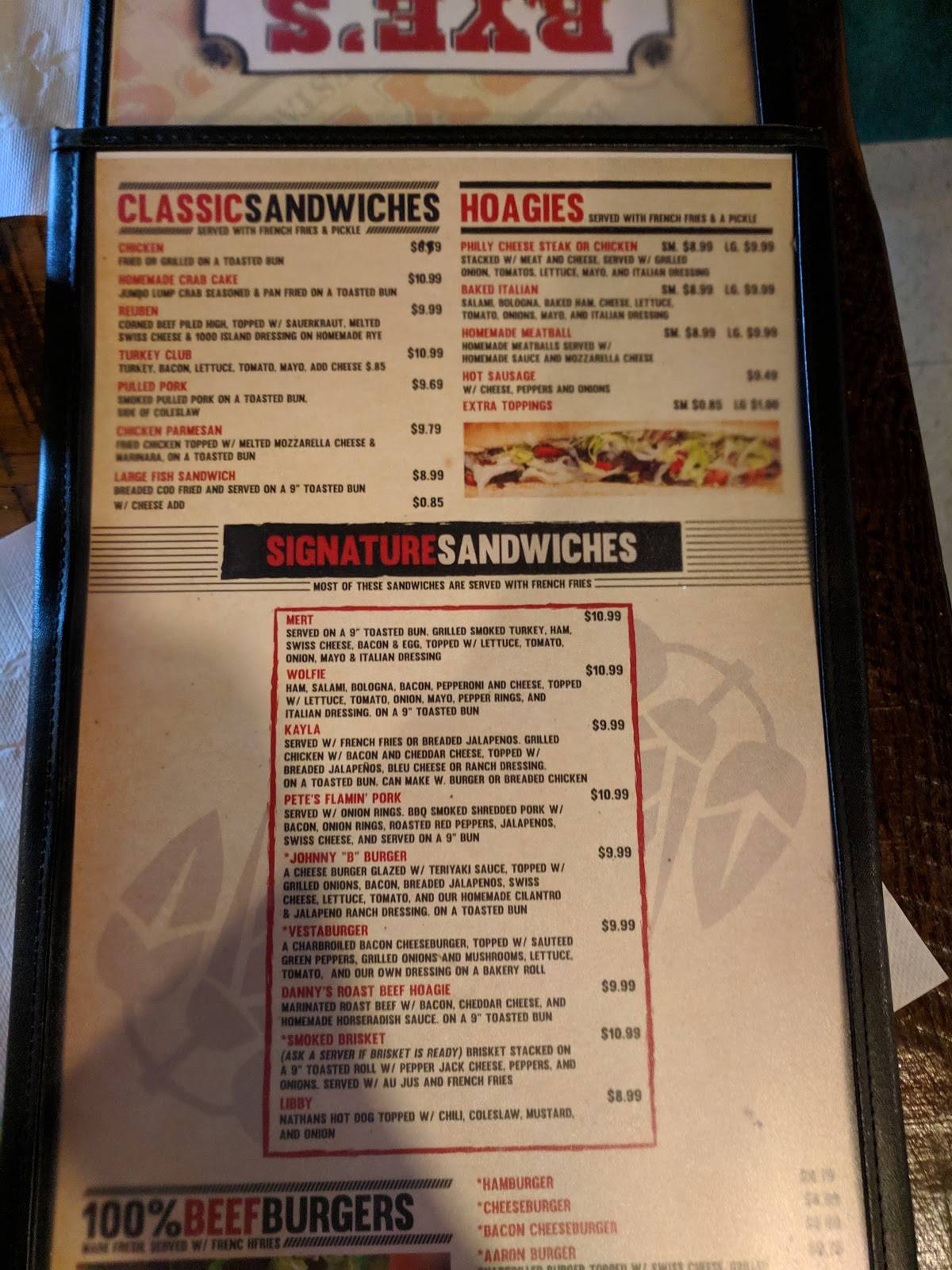 Menu at Rye's Bar & Restaurant, Brownsville