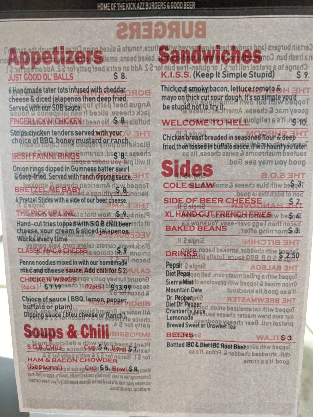 Menu at S.O.B. Burgers pub & bar, Bradenton