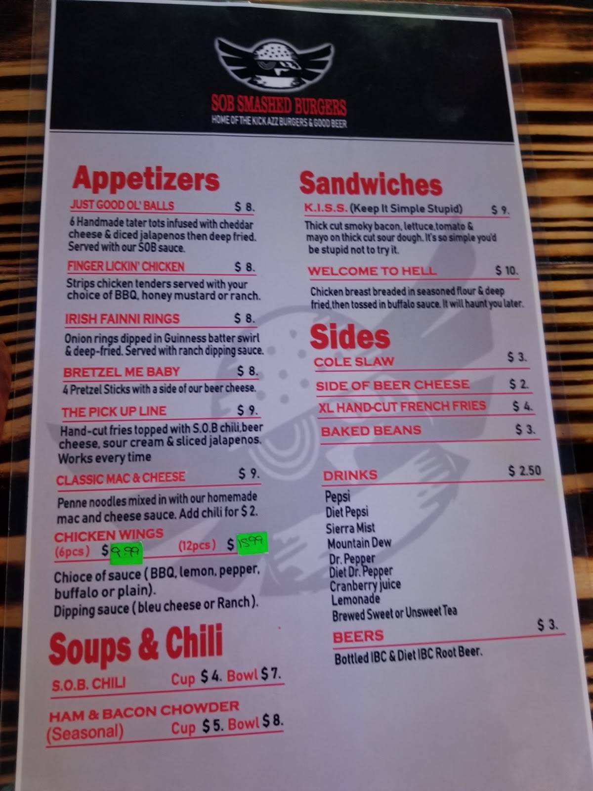 Menu at S.O.B. Burgers pub & bar, Bradenton
