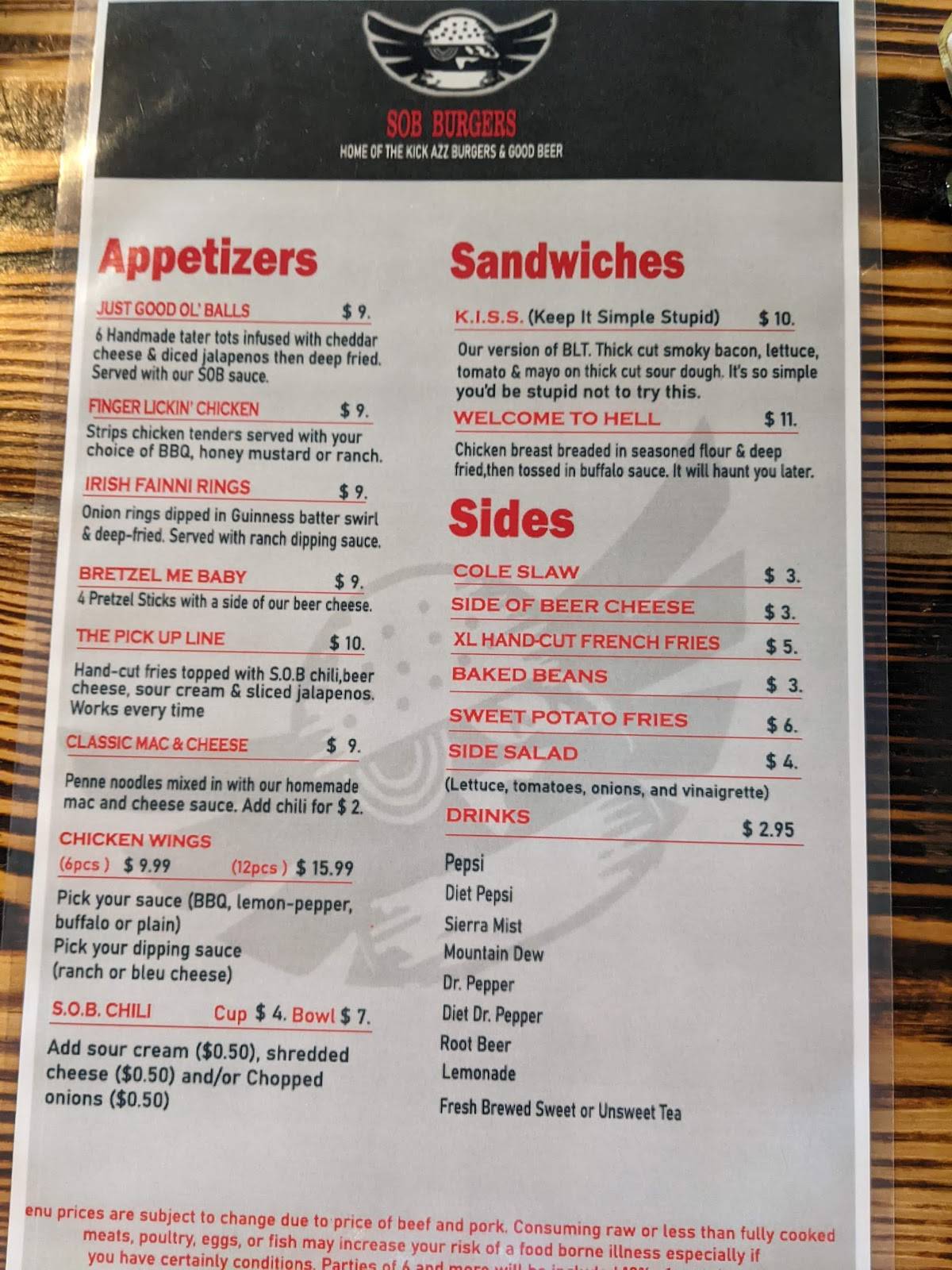 Menu at S.O.B. Burgers pub & bar, Bradenton
