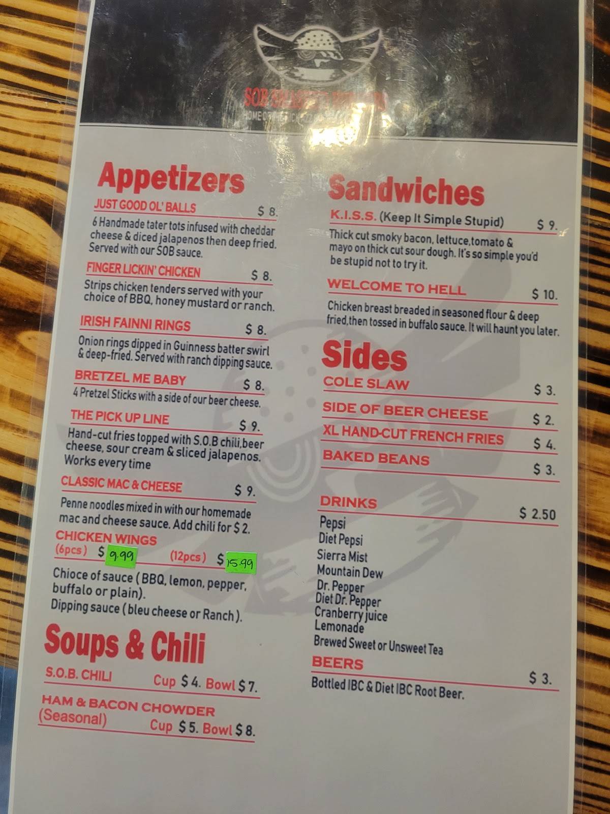 Menu at S.O.B. Burgers pub & bar, Bradenton