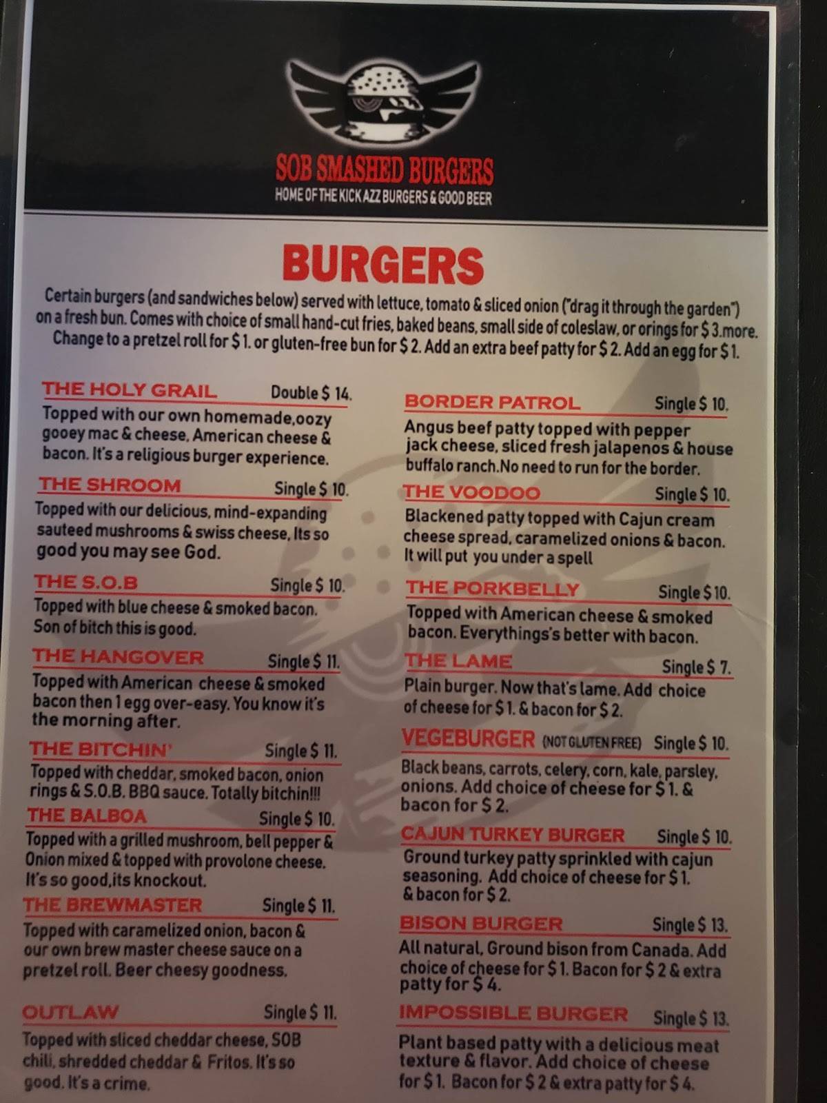 Menu at S.O.B. Burgers pub & bar, Bradenton