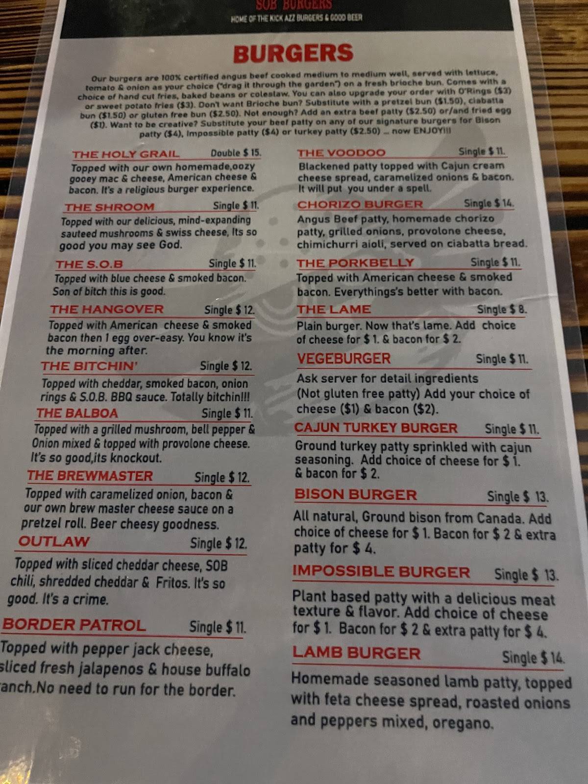 Menu at S.O.B. Burgers pub & bar, Bradenton