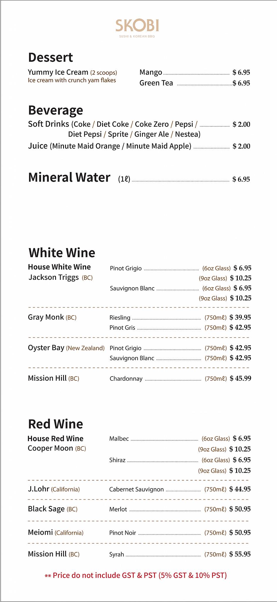 Menu at SKOBI sushi & korean bbq, Langley Township