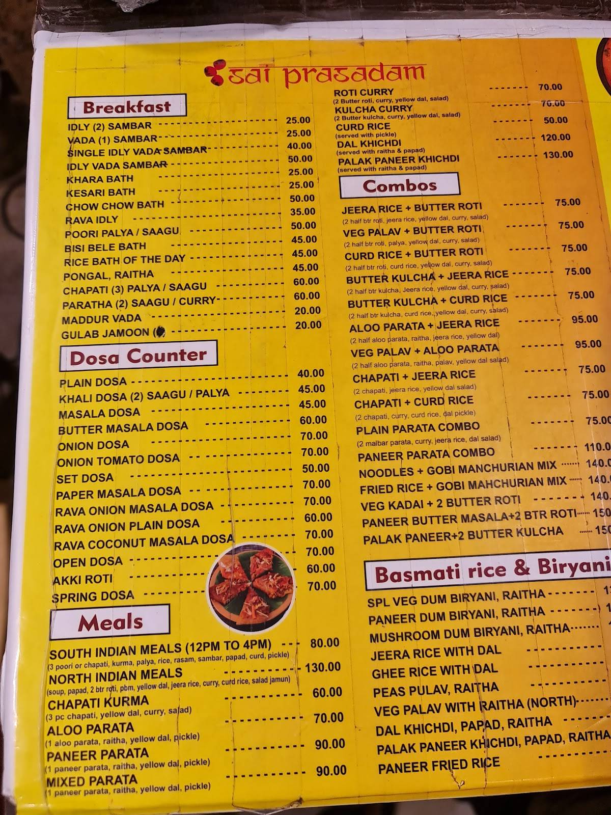 Menu at Sai Prasadam Pure Veg Restaurant, Bengaluru, 5th Main Rd