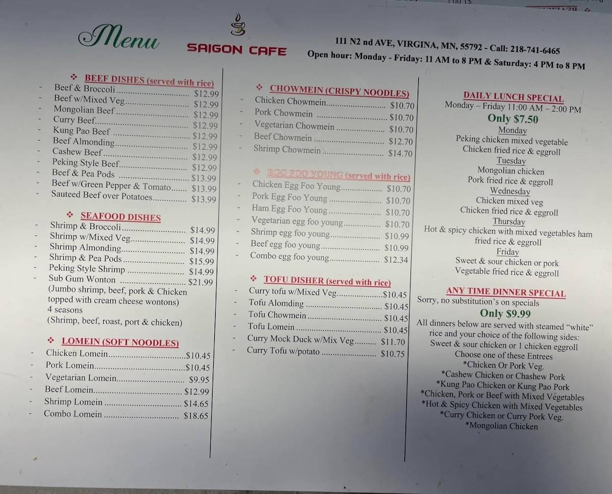 Menu at Saigon Cafe, Virginia
