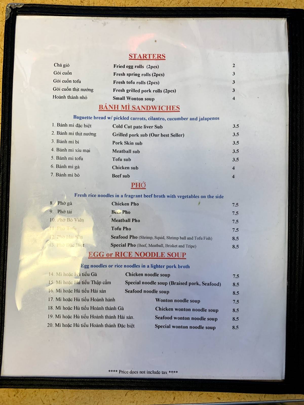 Menu at Saigon Deli restaurant, Tampa, W Waters Ave