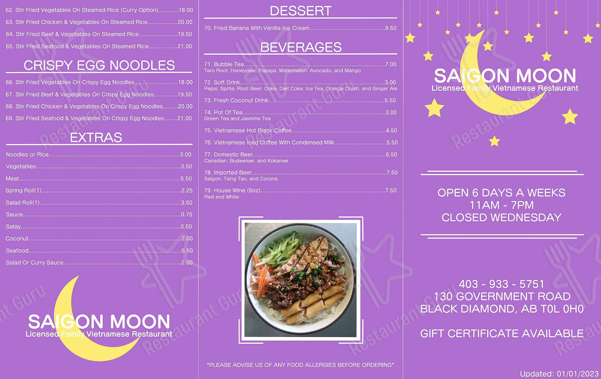 Menu at Saigon Moon restaurant, Black Diamond