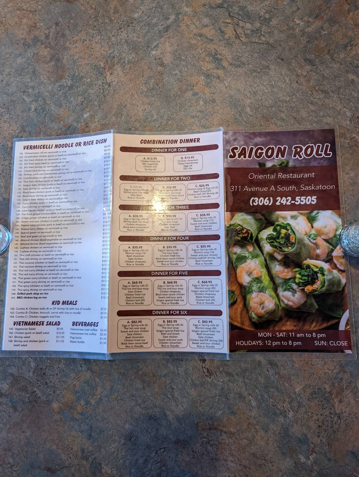 Menu at Saigon Roll Restaurant, Saskatoon