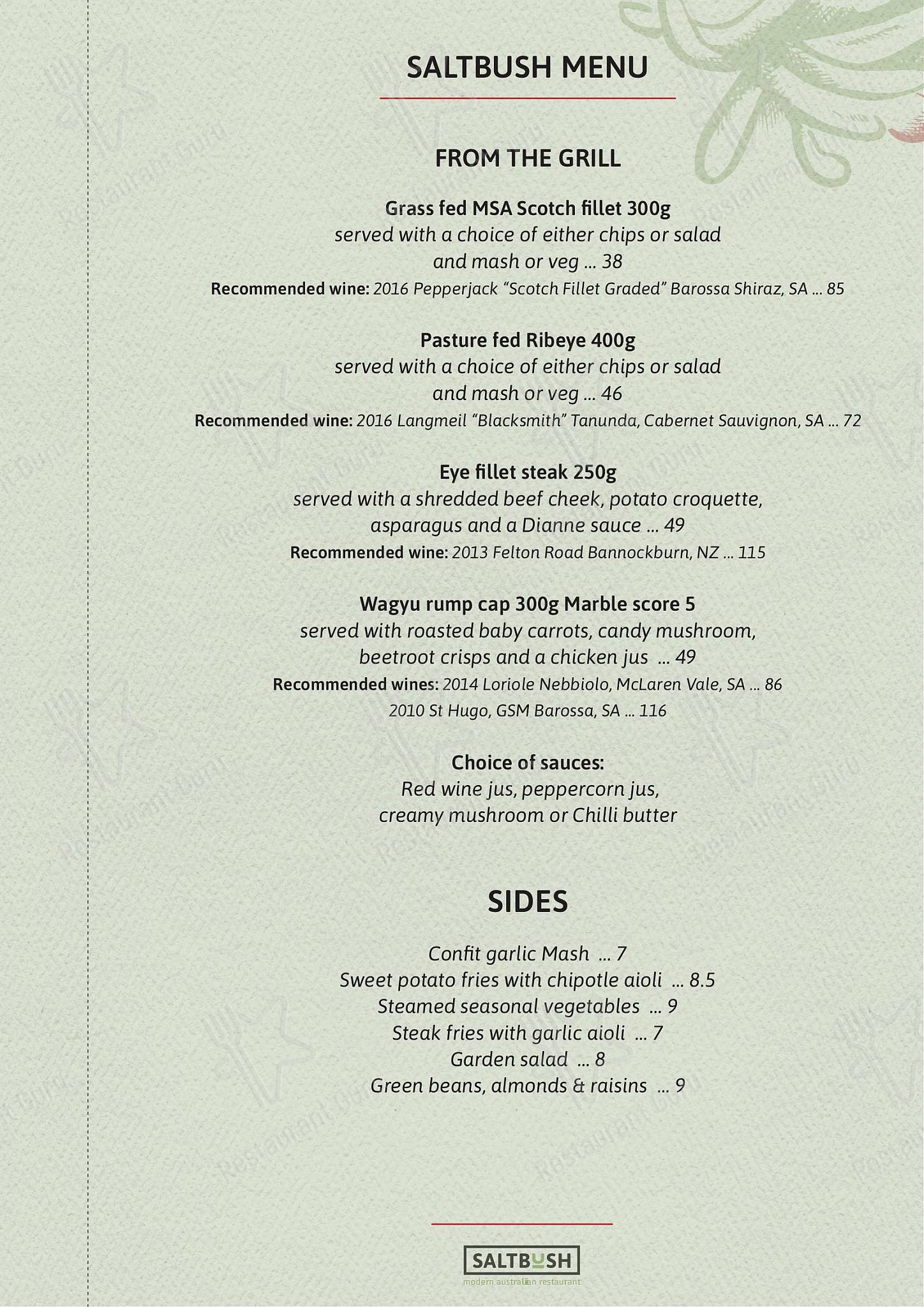Menu at Saltbush restaurant, Alice Springs