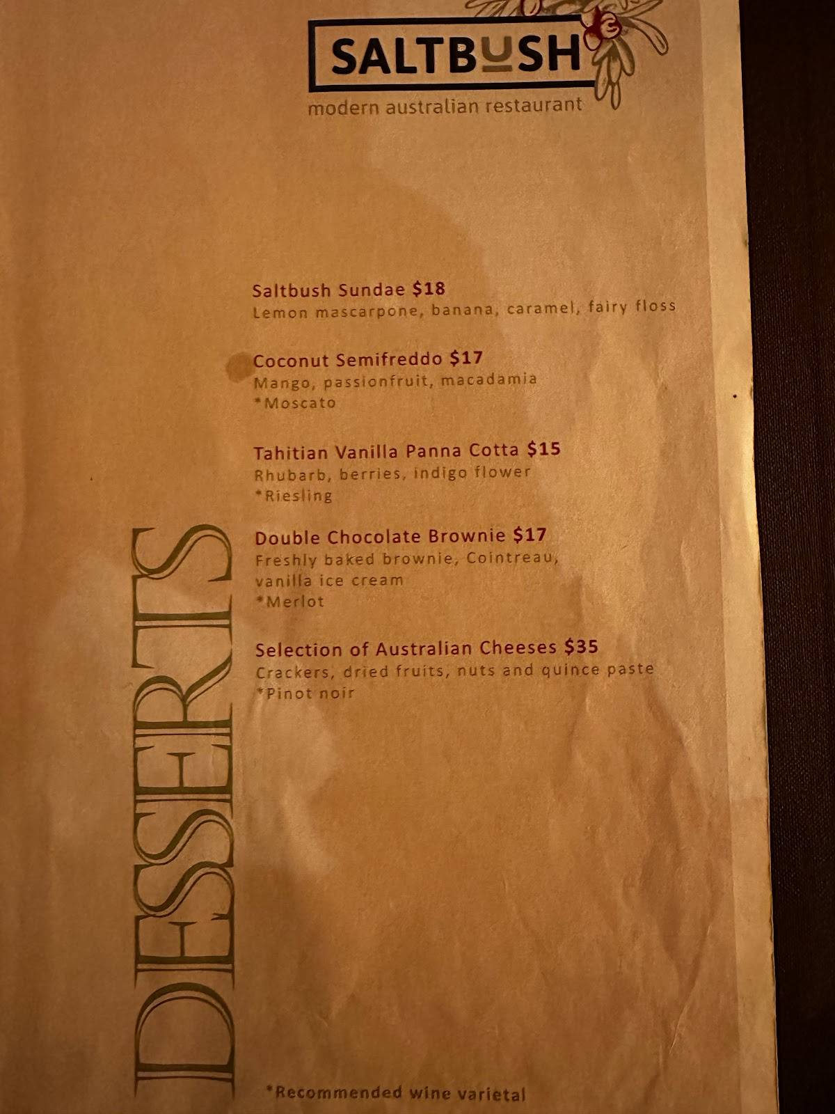 Menu at Saltbush restaurant, Alice Springs
