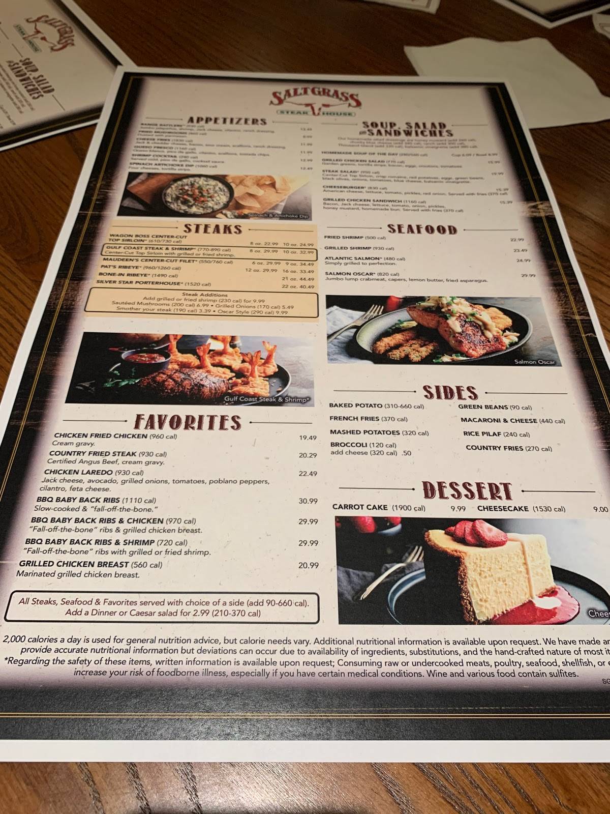Menu at Saltgrass Steak House restaurant, Las Vegas