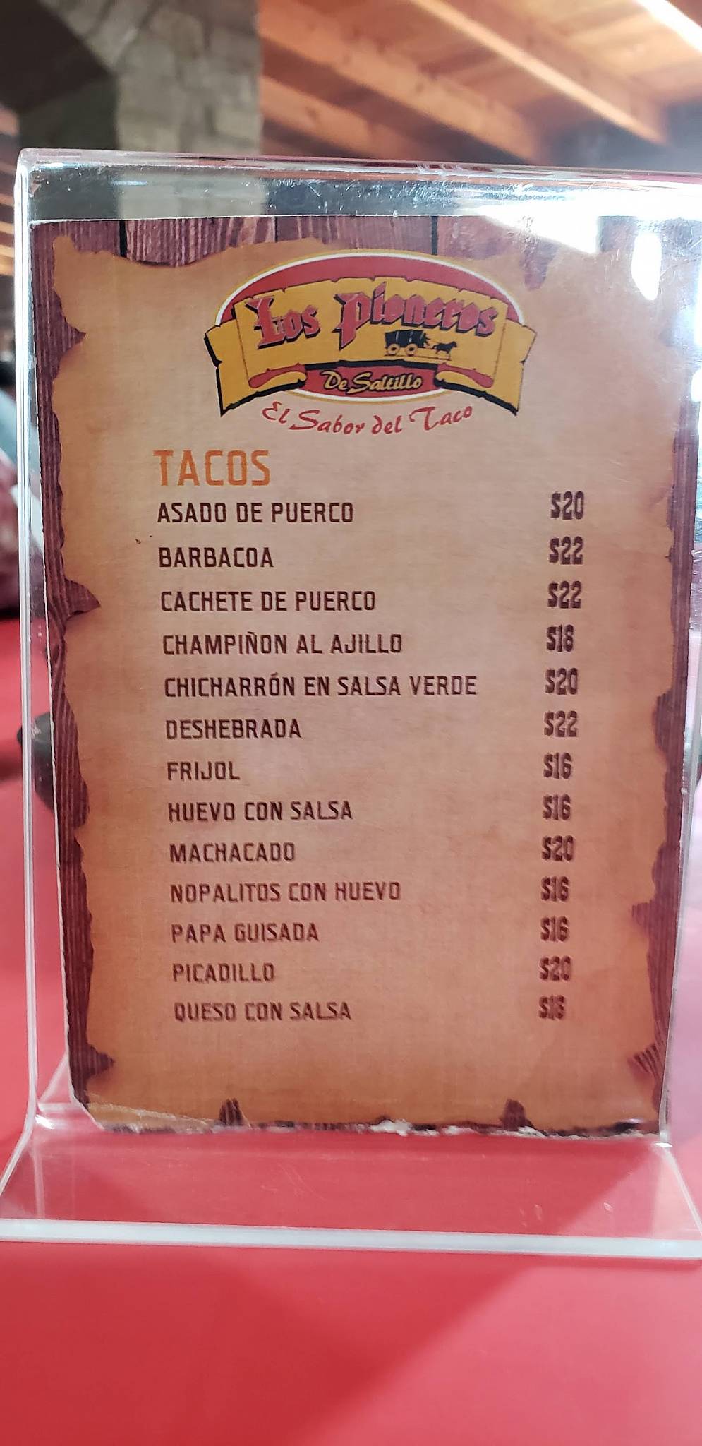 Carta del restaurante Tacos Los Pioneros, Saltillo, Blvd. Moctezuma 2065