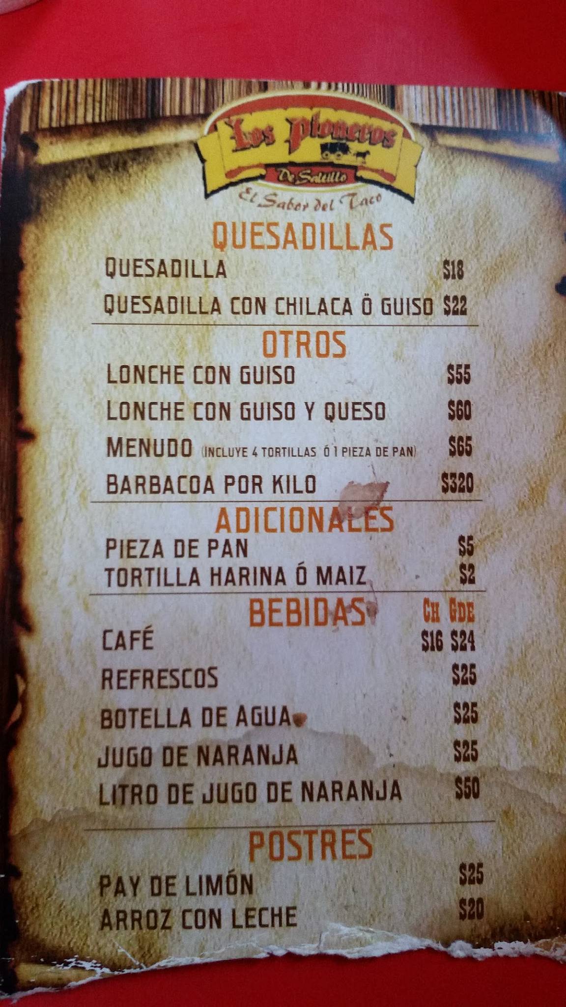 Carta del restaurante Tacos Los Pioneros, Saltillo, Blvd. Moctezuma 2065