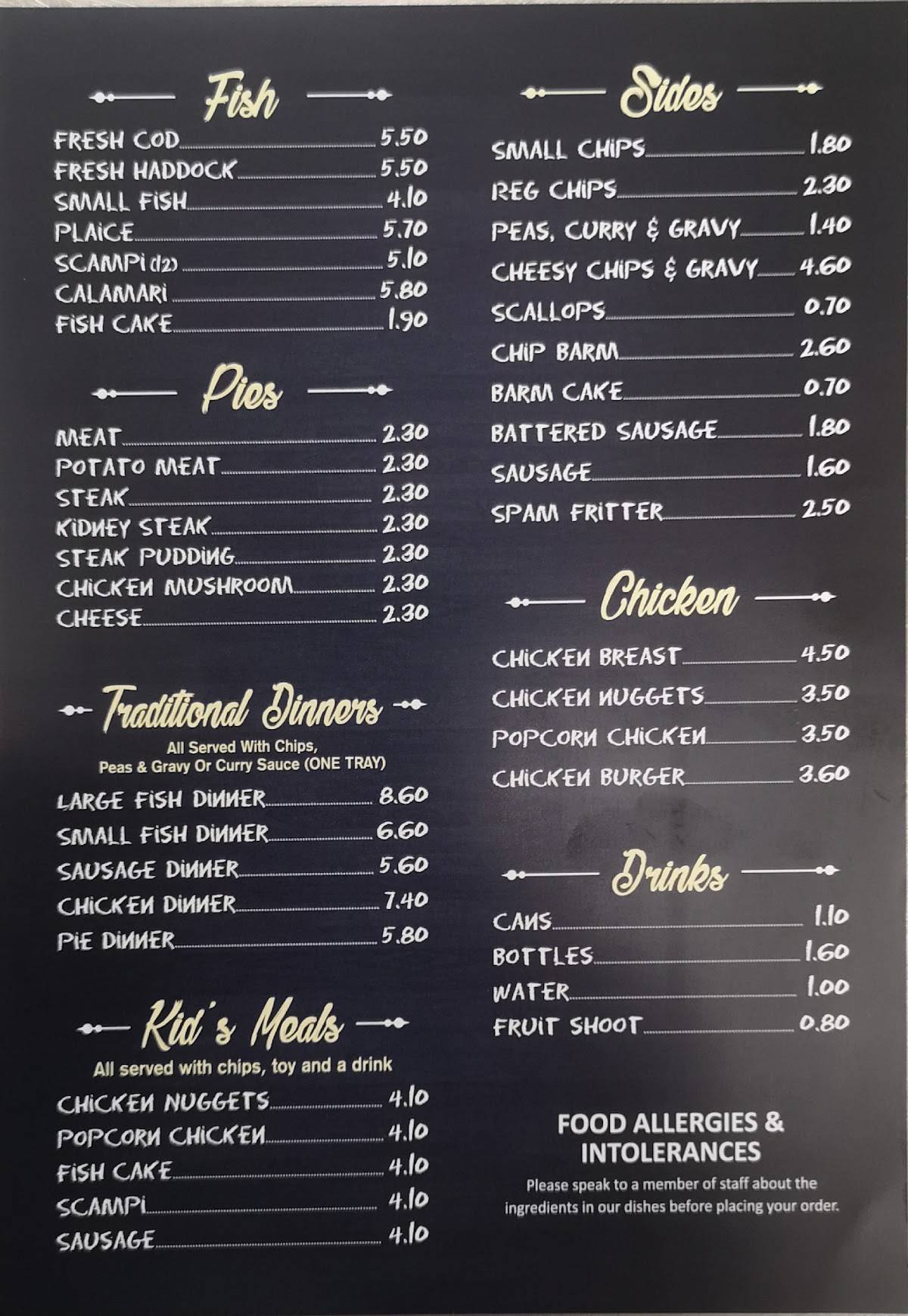Menu at Salty Towers Fish Bar, Stockport