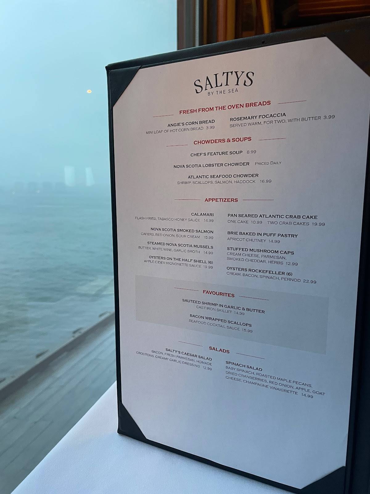 Menu at Salty's restaurant, Halifax