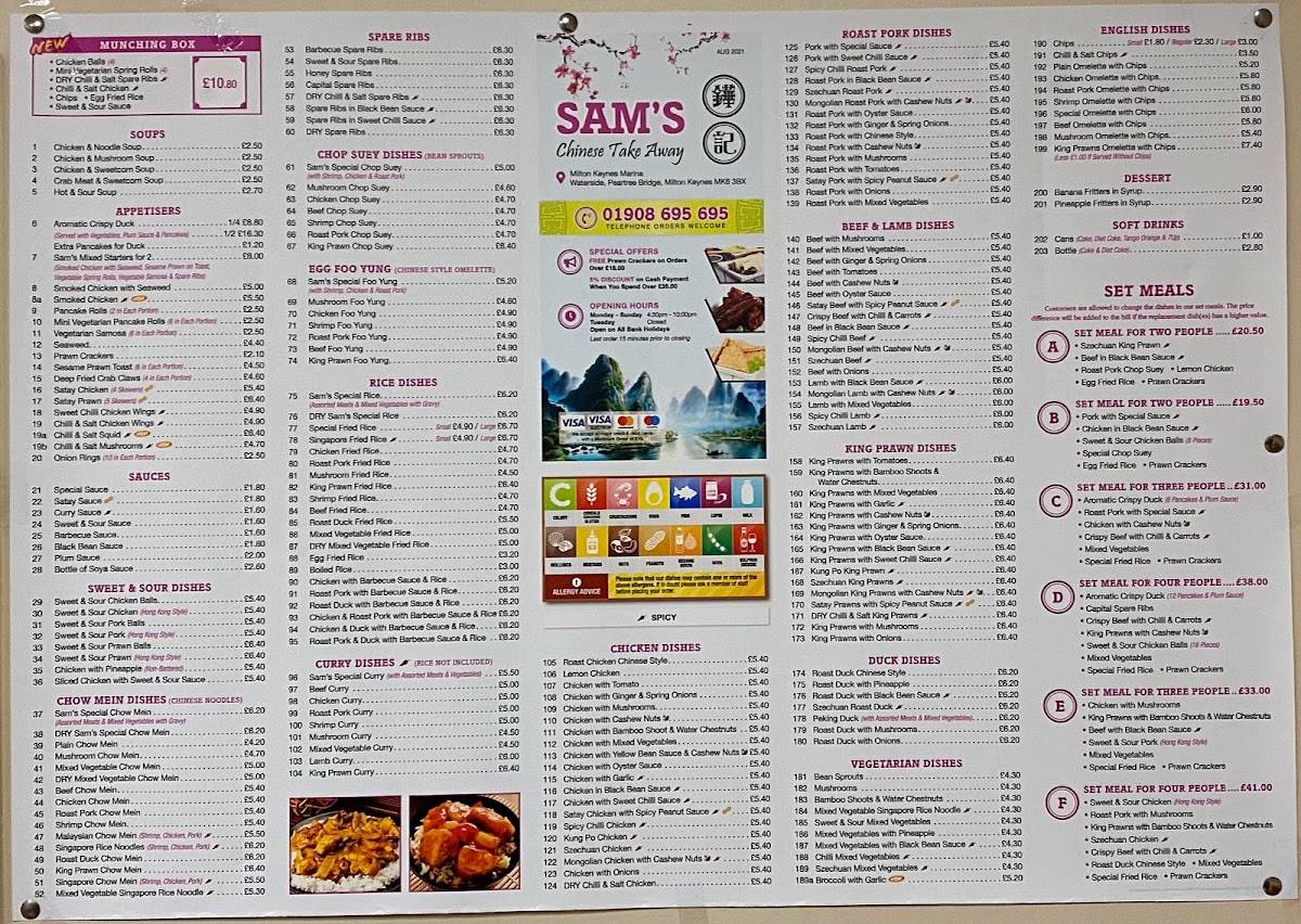 Menu at Sams Chinese Takeaway restaurant, Milton Keynes