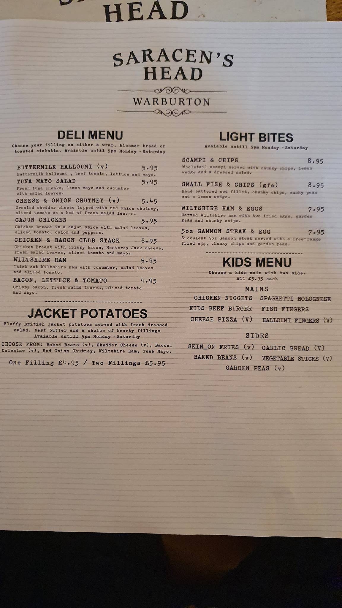 Menu at Saracens Head pub & bar, Lymm, Paddock Ln