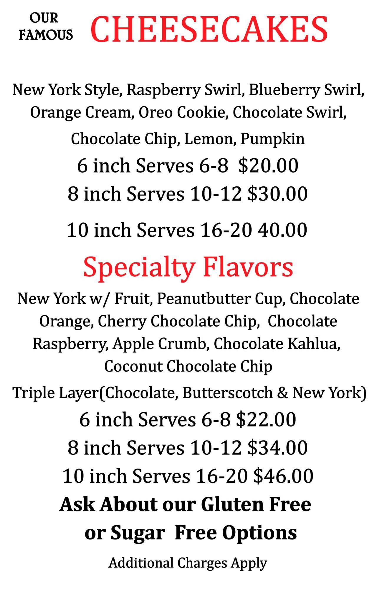 Menu at Sarah's Cheesecake & Cafe, Pittsfield, 180 Elm St G