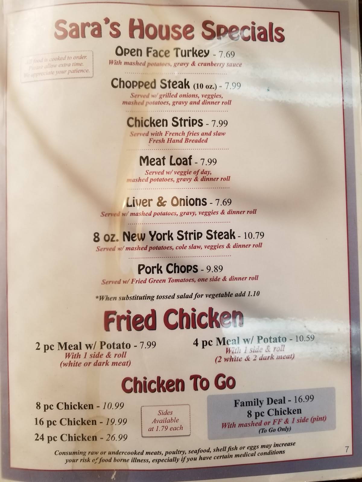 Menu at Sara's Diner restaurant, Crystal River
