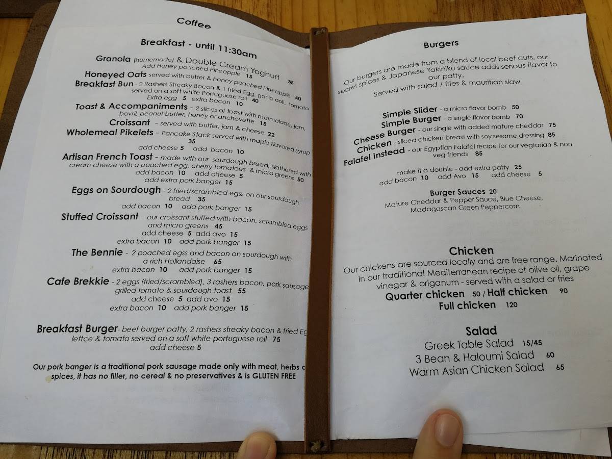 Menu at Savior Cafe, Durban