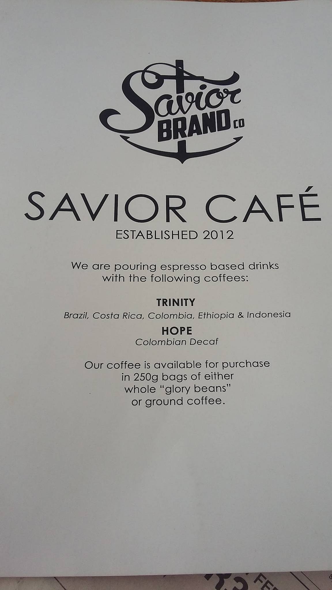 Menu at Savior Cafe, Durban