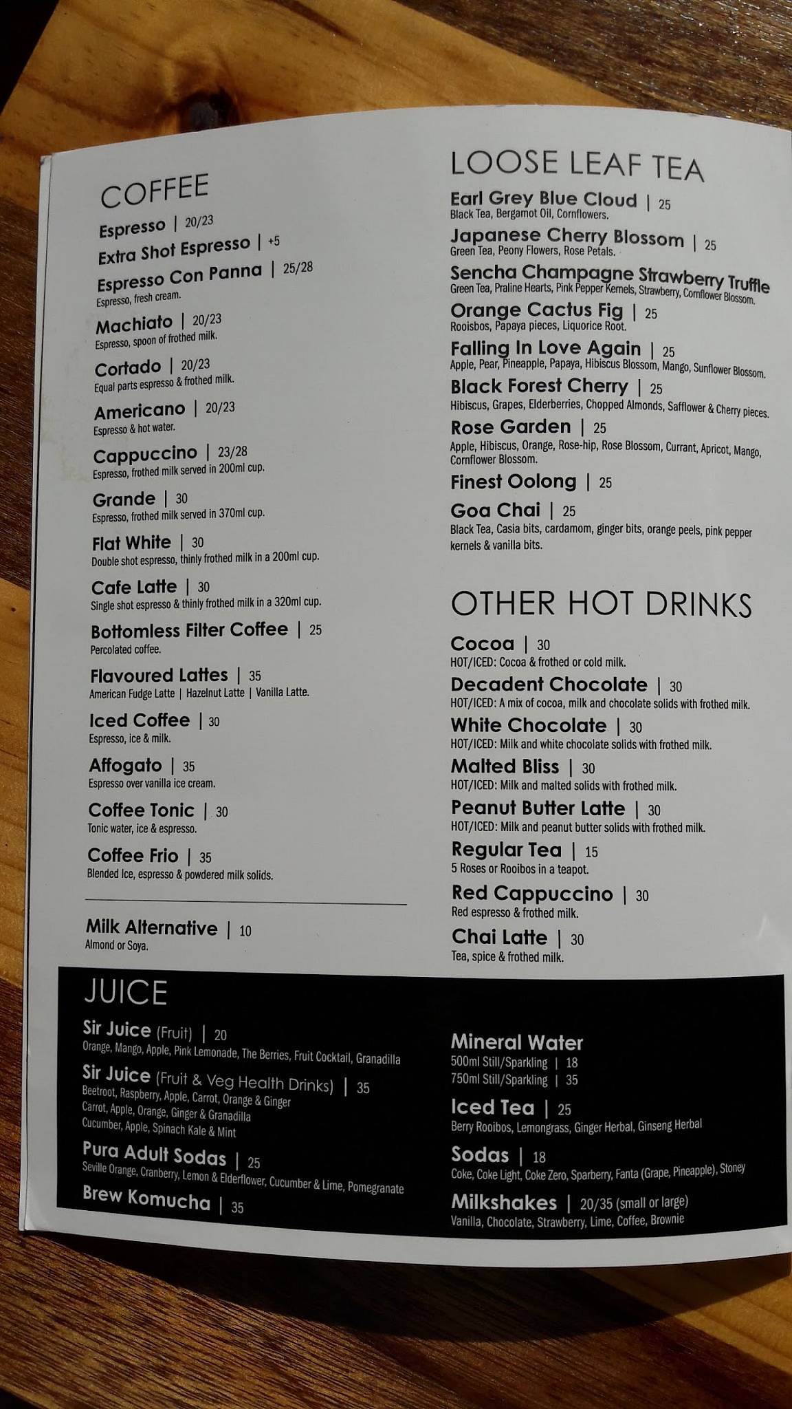 Menu at Savior Cafe, Durban