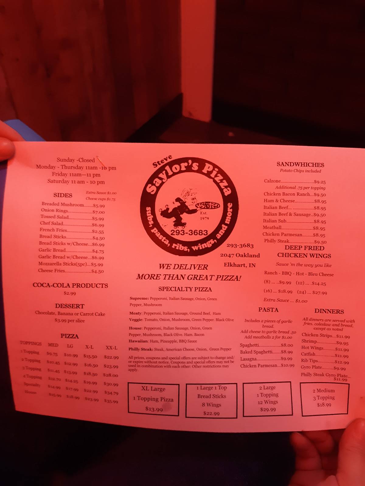 Menu at Saylor's Pizza & More pizzeria, Elkhart