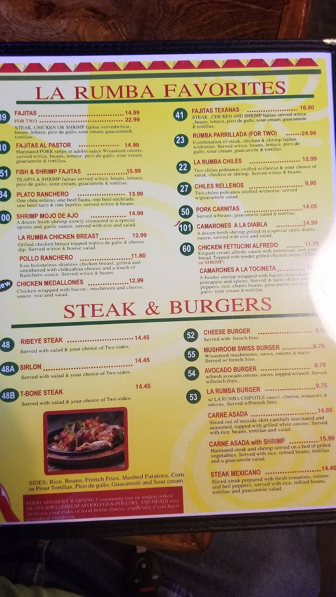 Menu at La Rumba restaurant, Scott