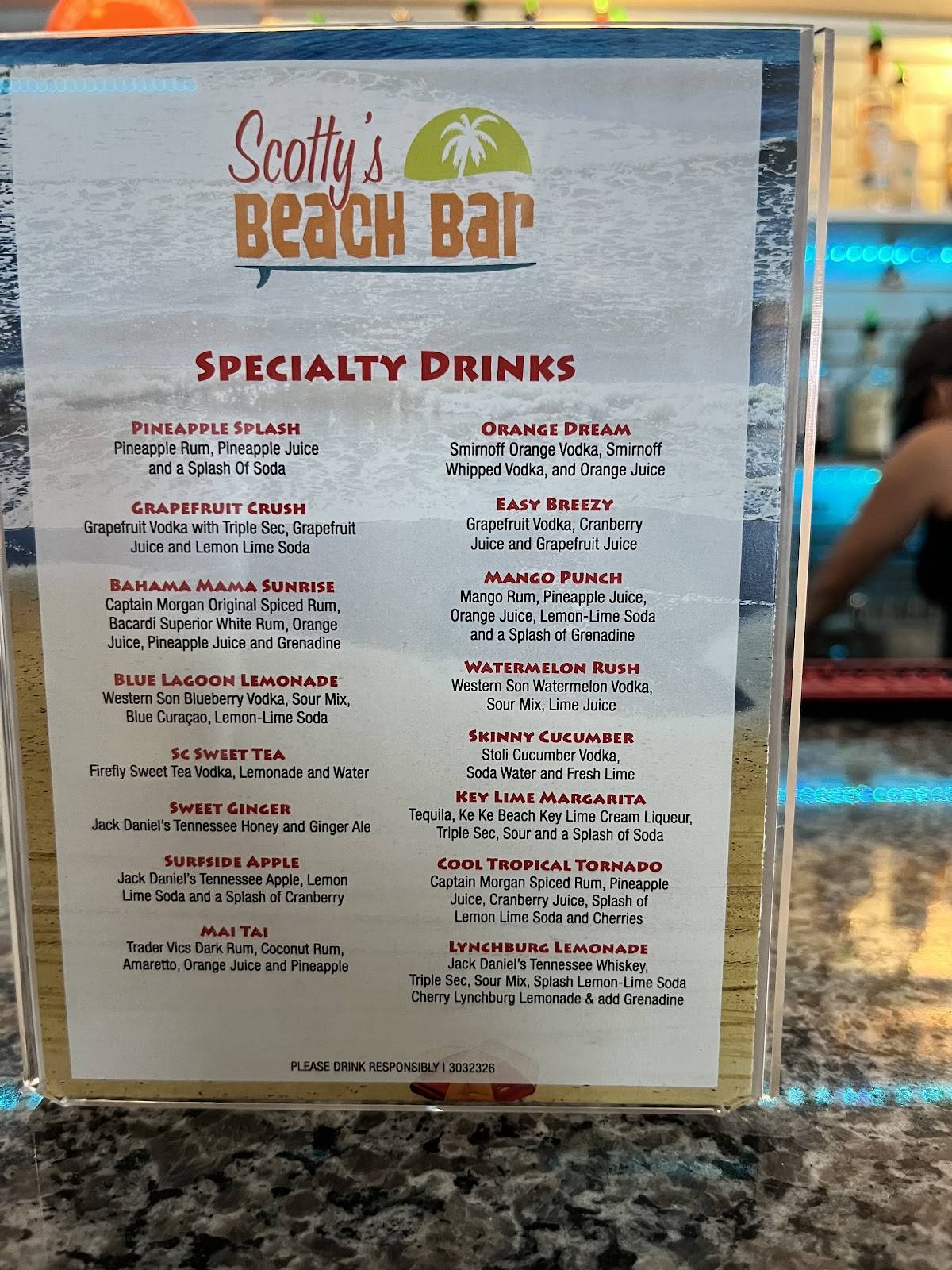 Menu at Scotty's Beach Bar, Surfside Beach, 111 S Seaside Dr