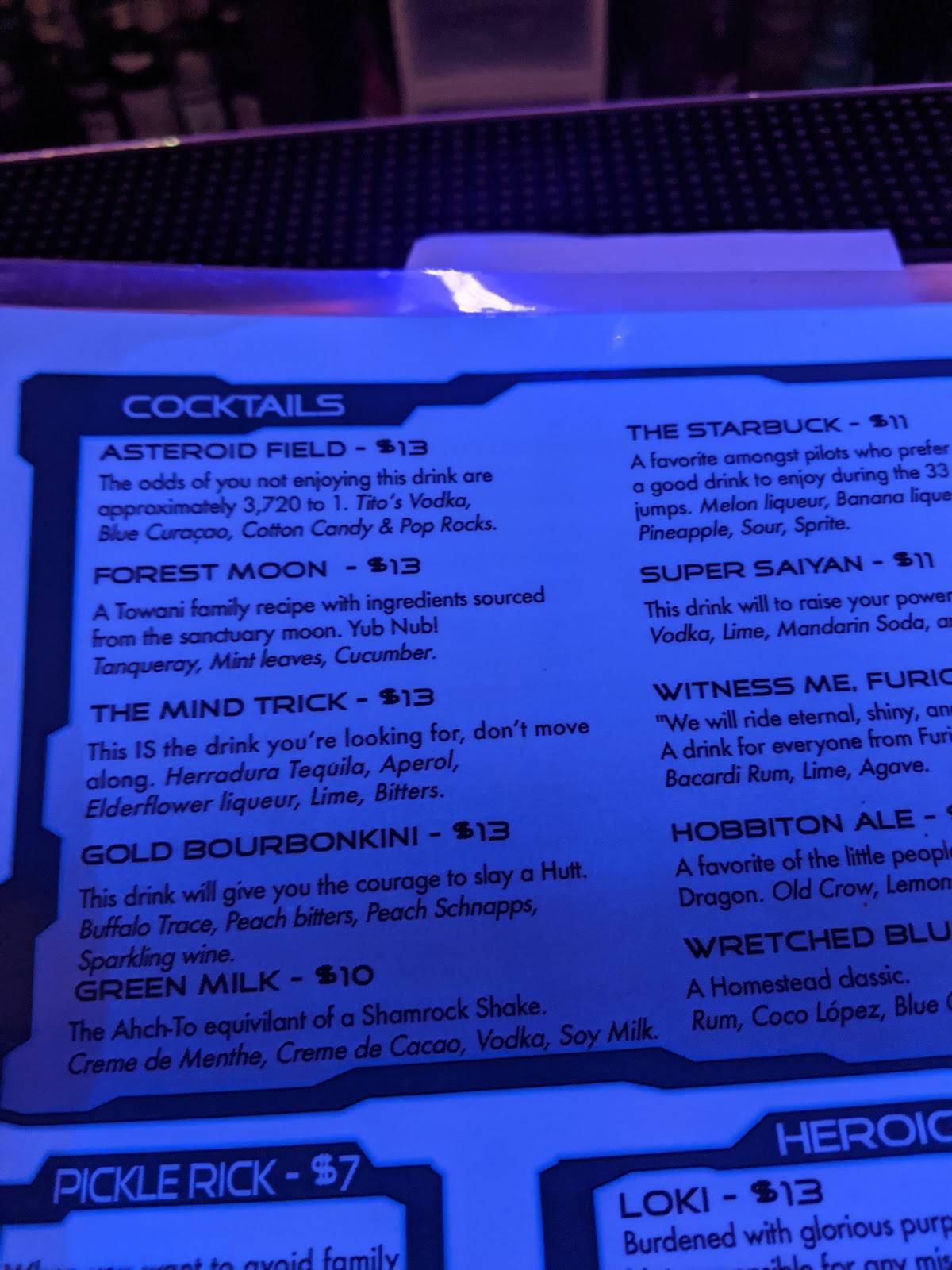 Menu at Scum and Villainy Cantina pub & bar, Los Angeles