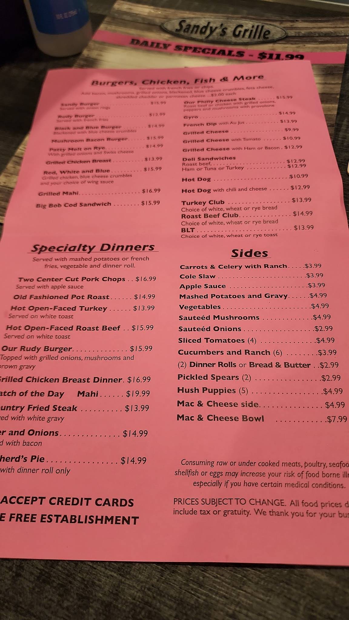 Menu at Sandy's Grille pub & bar, Sebastian